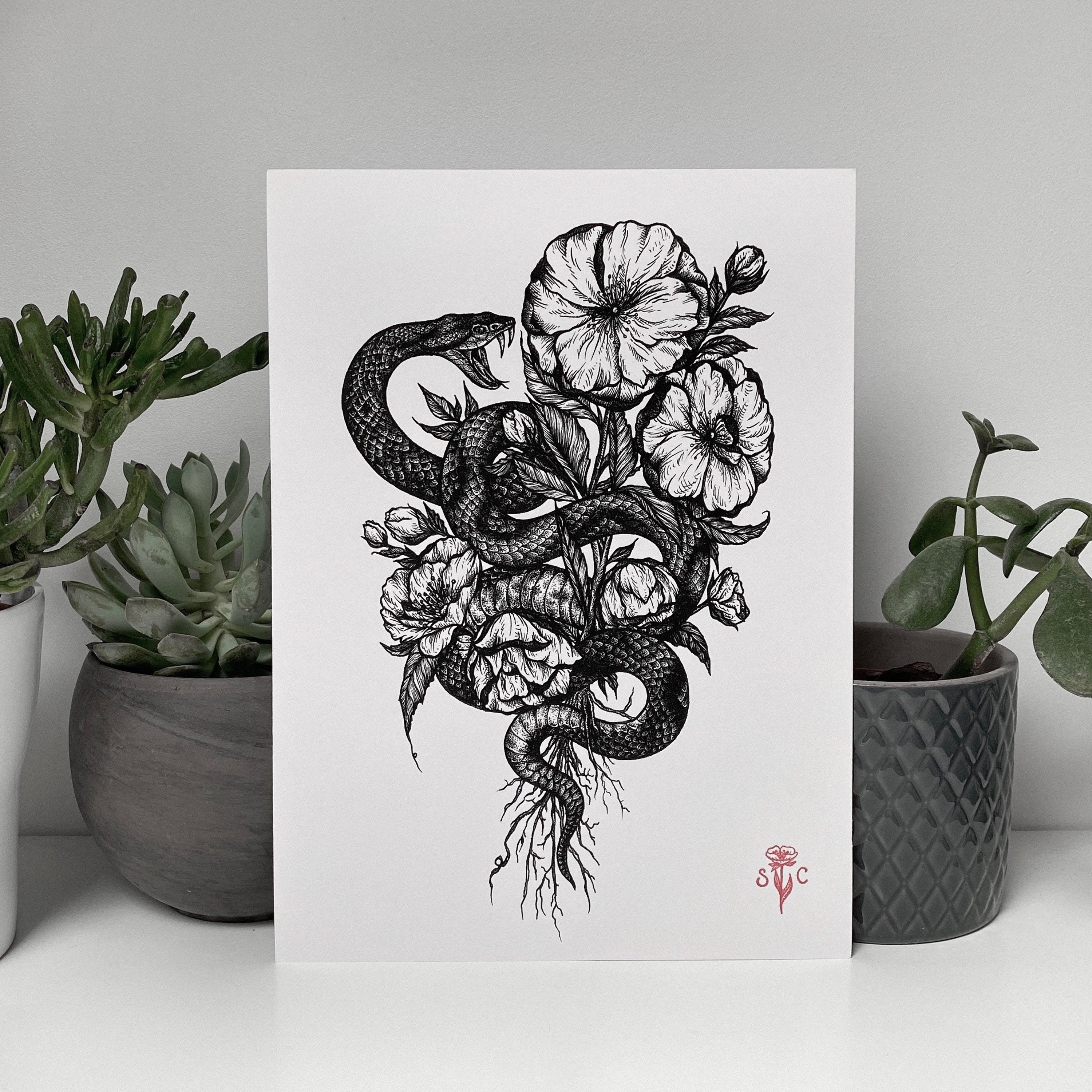 Floral snake art print dotwork illustration original - Etsy.de