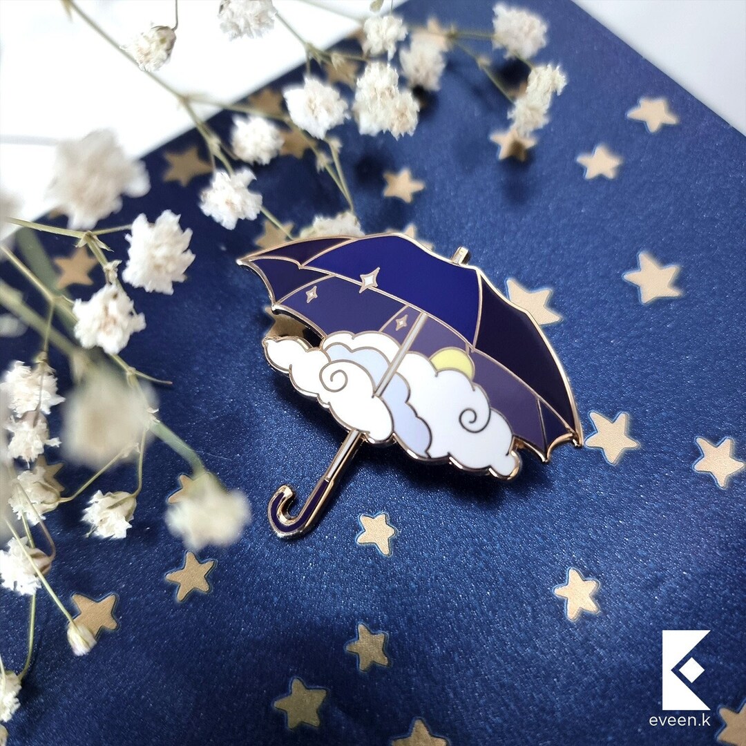 Black Partly Cloudy Enamel Pin Umbrella Rain Clouds Moon Gold Dark ...