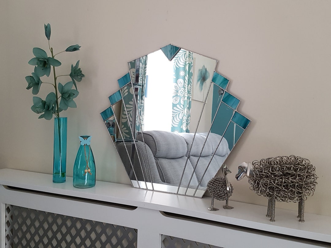 Vintage 1930's Style Fan Mirror-teal Stained Glass - Etsy