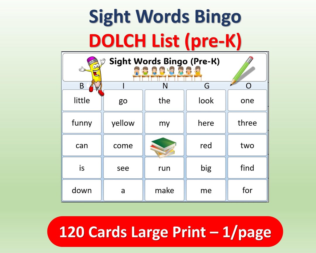 120 Dolch Sight Words Bingo Cards for Pre-k, Kindergarten, ESL ...