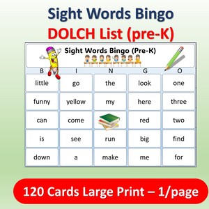 120 Dolch Sight Words Bingo Cards for Pre-k, Kindergarten, ESL ...