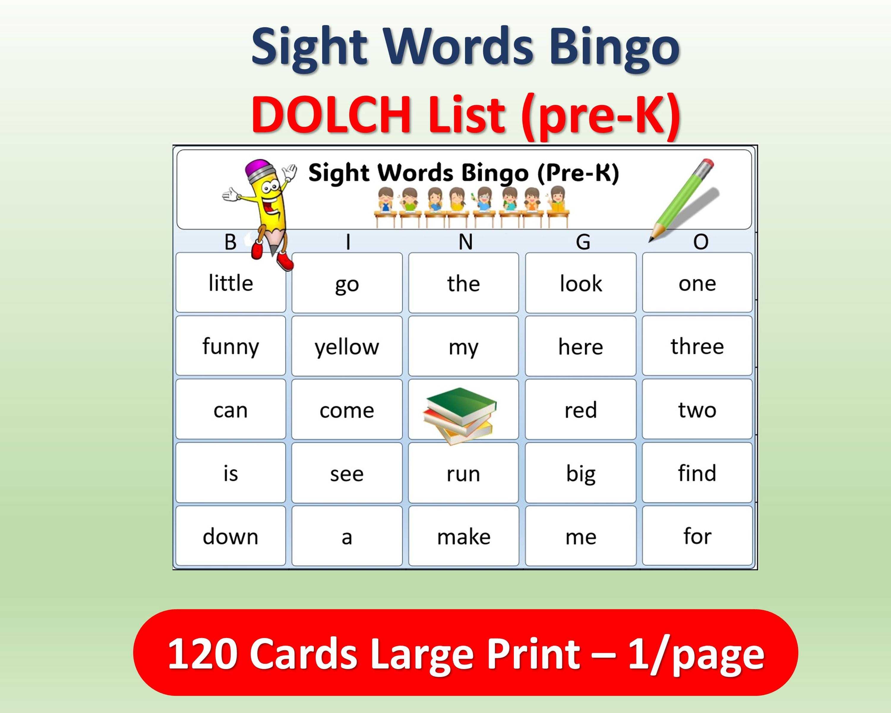 Sight Words Bingo - Pre-k, 100 Unique Cards, Digital Download ...