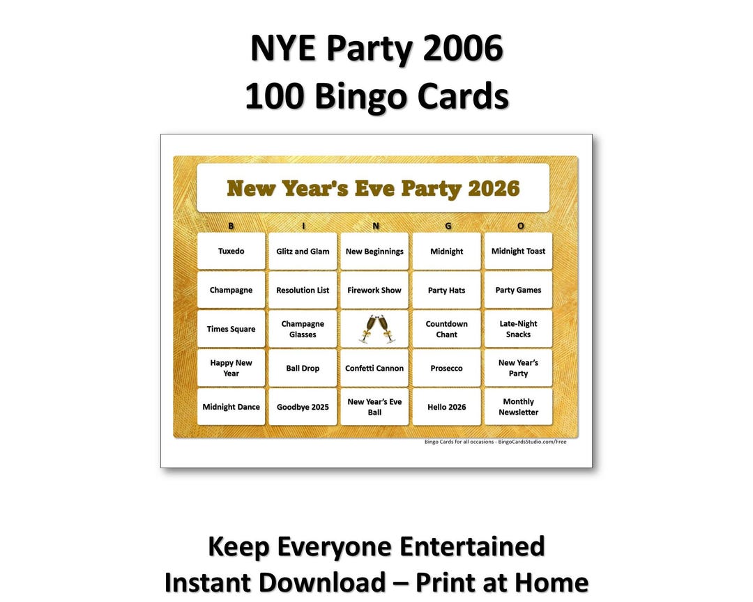 New Year’s Eve Bingo Game | 100 Printable Countdown Bingo Cards for ...