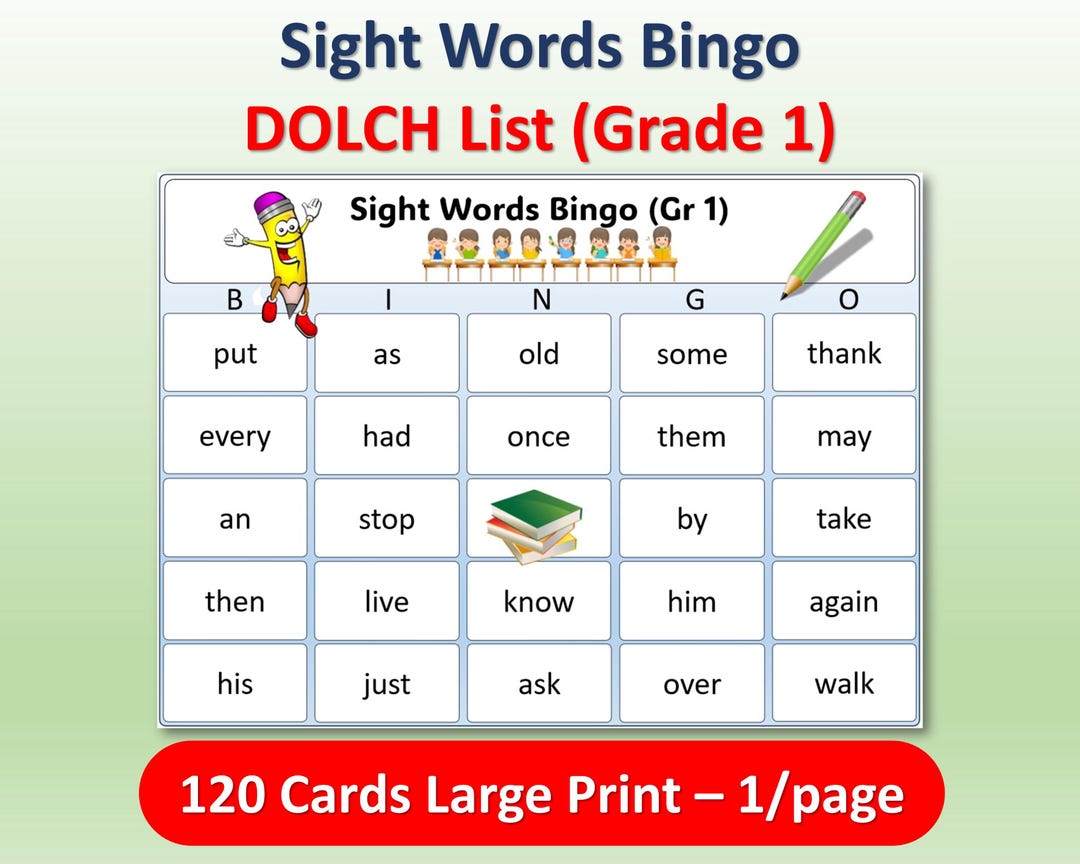 Dolch Sight Words Bingo Cards for Grade 1, Fun Classroom Game ...