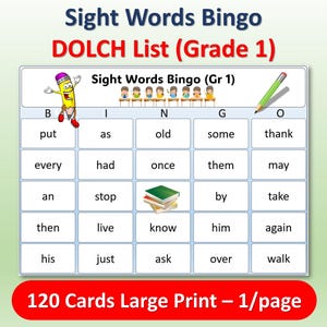 Dolch Sight Words Bingo Cards for Grade 1, Fun Classroom Game ...