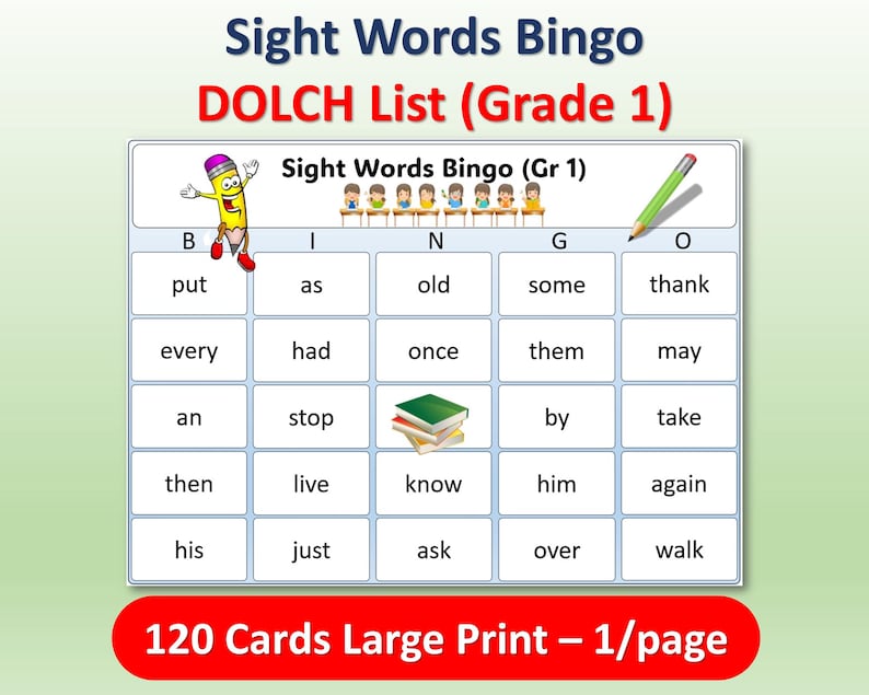 Dolch Sight Words Bingo Cards for Grade 1, Fun Classroom Game ...