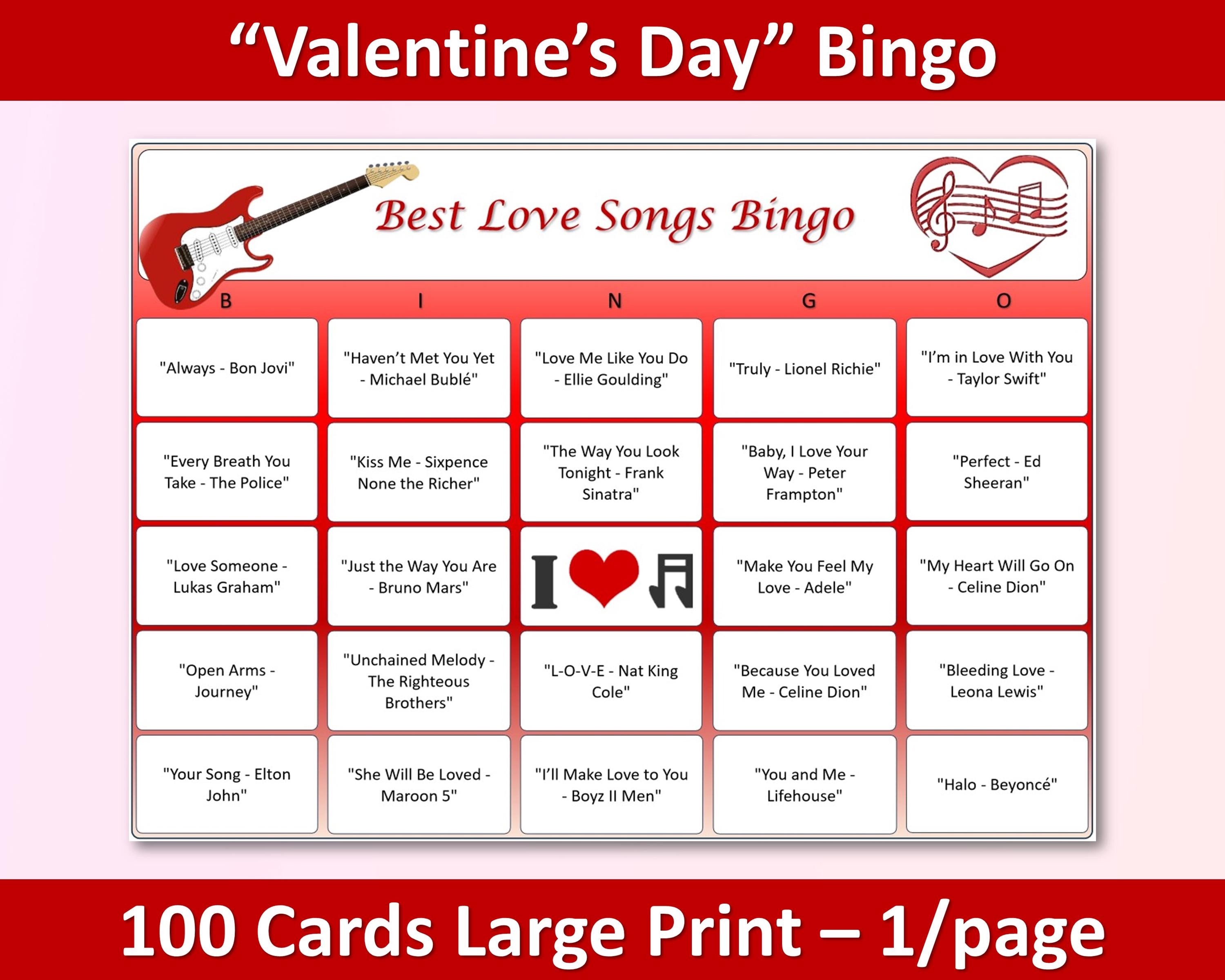 Valentines Day Love Songs Bingo Cards - Valentine's Day Party Game ...
