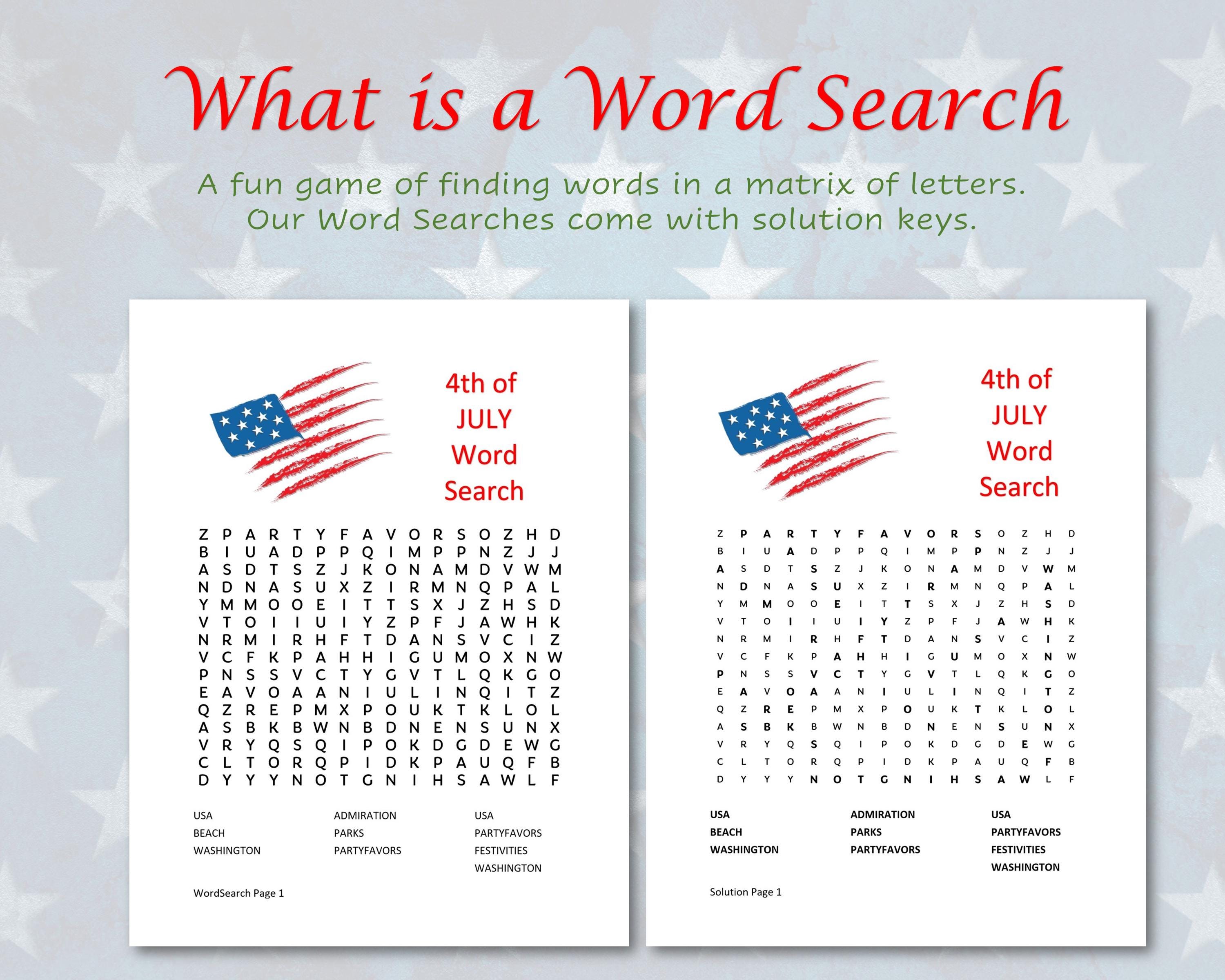 4th of July Word Search Puzzle and Solution, 4th of July Games for ...