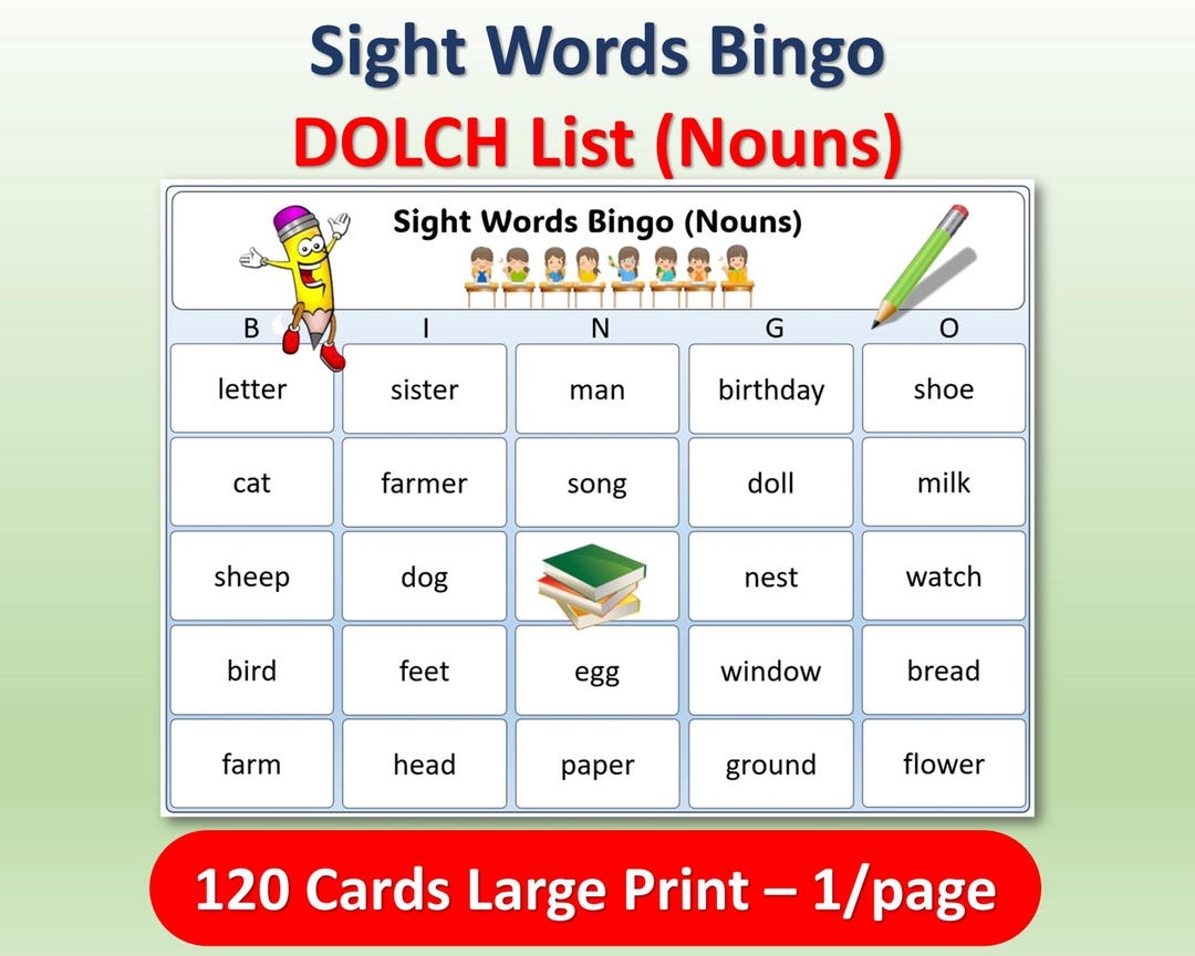 120 Dolch Sight Words Bingo Cards for Nouns, Educational Game, Literacy ...