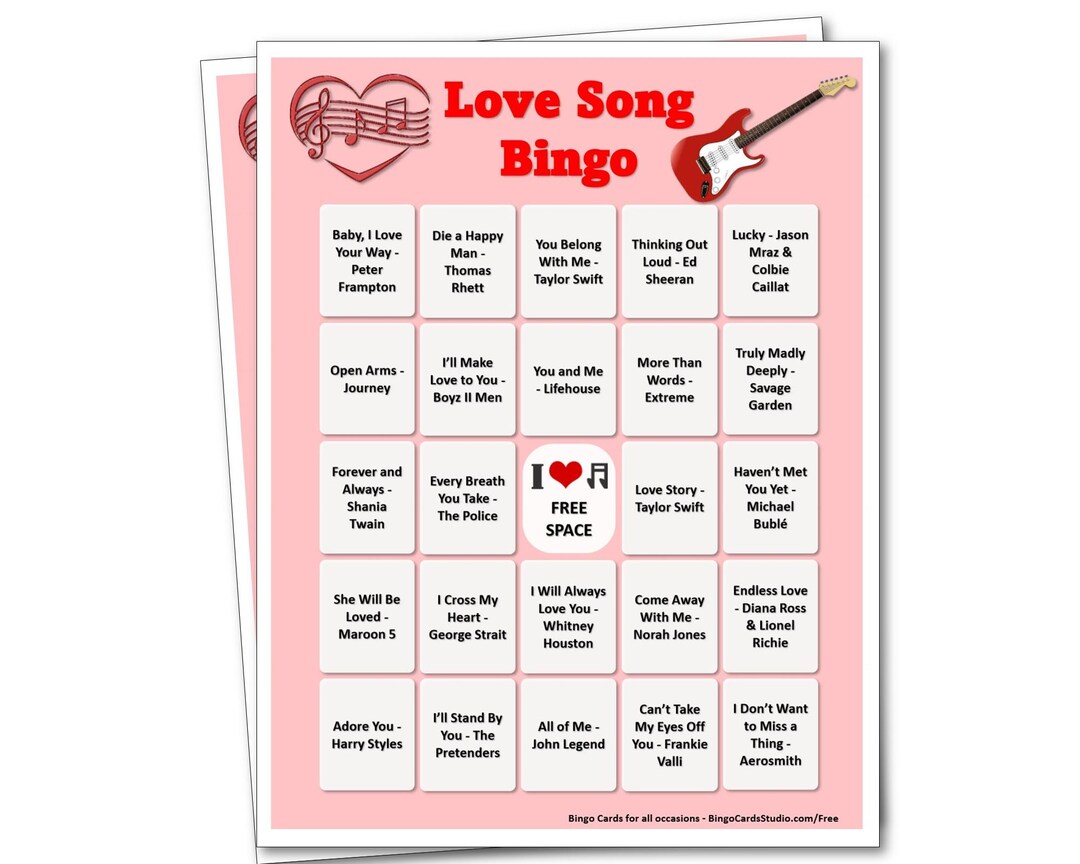Love Songs Valentine Bingo Game | 100 Printable Music Bingo Cards for ...