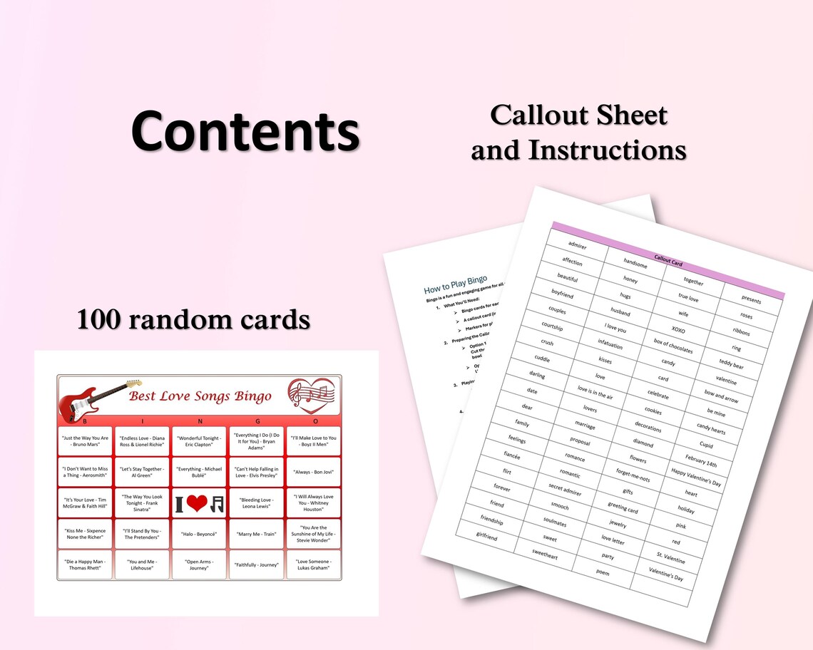 Valentines Day Love Songs Bingo Cards - Valentine's Day Party Game ...