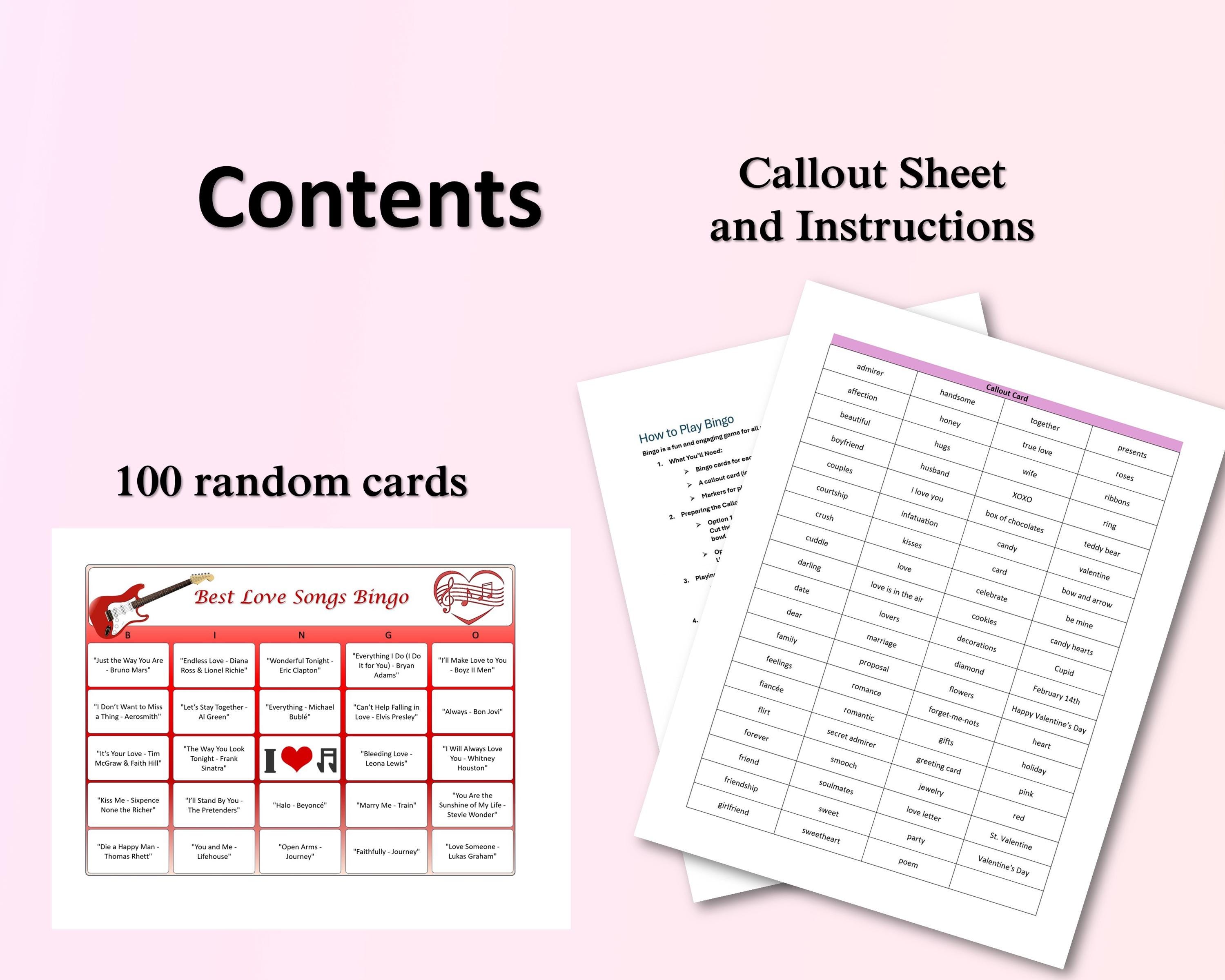Valentines Day Love Songs Bingo Cards - Valentine's Day Party Game ...