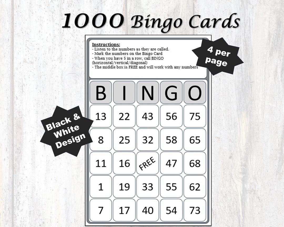 1000 Basic Bingo Cards With Instructions Black and White Bingo Cards ...