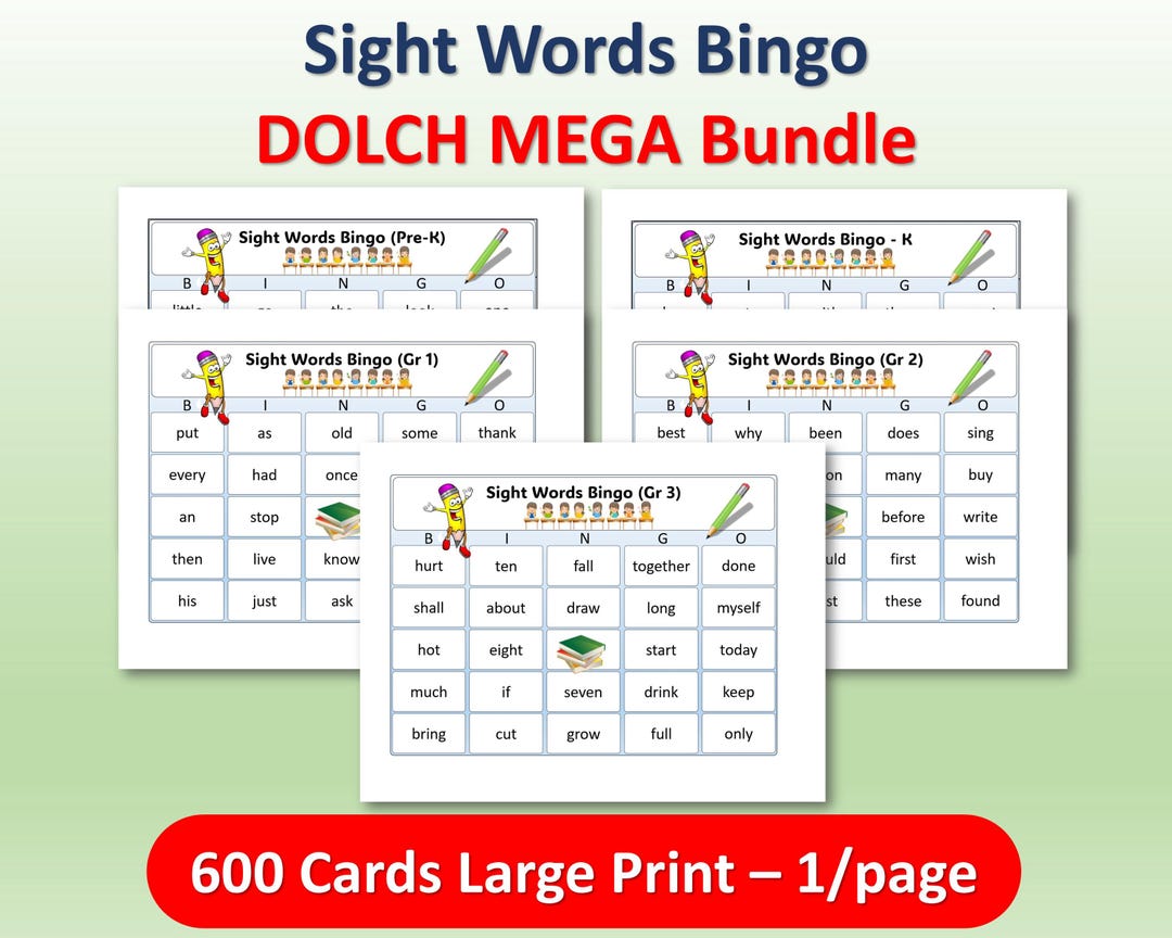 600 Dolch Bundle Sight Words Bingo Cards for Nouns, Educational Game ...