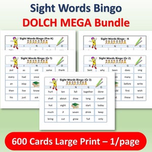 600 Dolch Bundle Sight Words Bingo Cards for Nouns, Educational Game ...