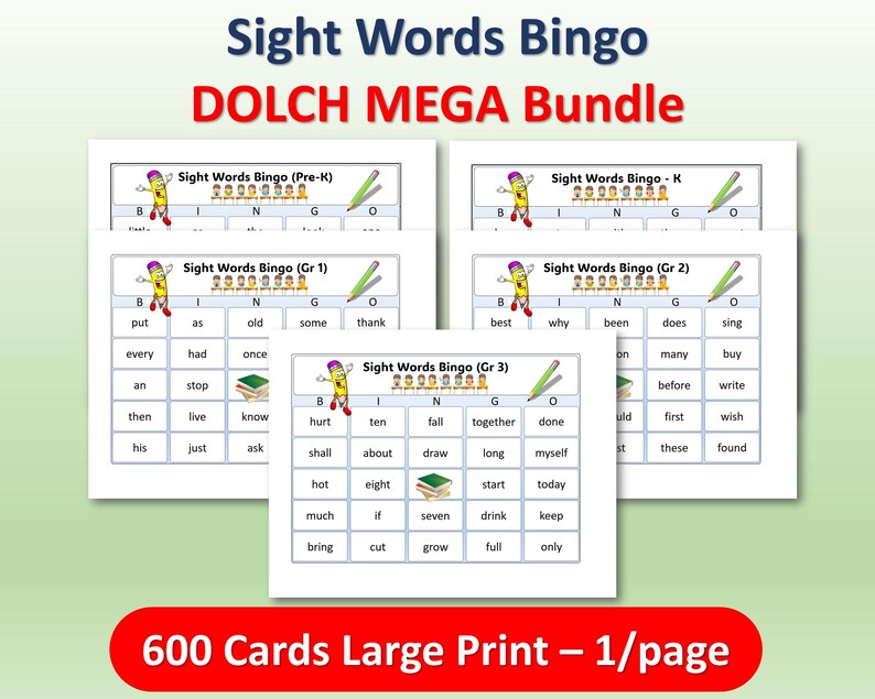 Dolch Bundle Sight Words Bingo Cards for Nouns, Educational Game ...
