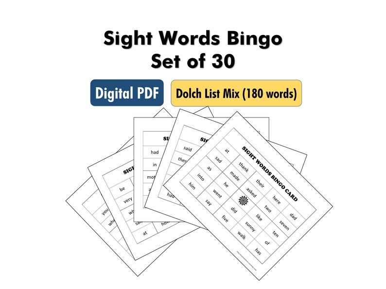 30 Sight Words Bingo Cards Prek to Grade 2 Dolch Collection Learn to ...