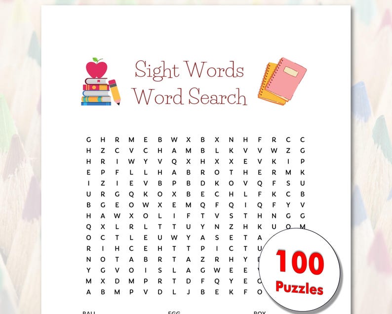 Sight Words Word Search, 100 Puzzles, Classroom Activity, Learn to Read ...