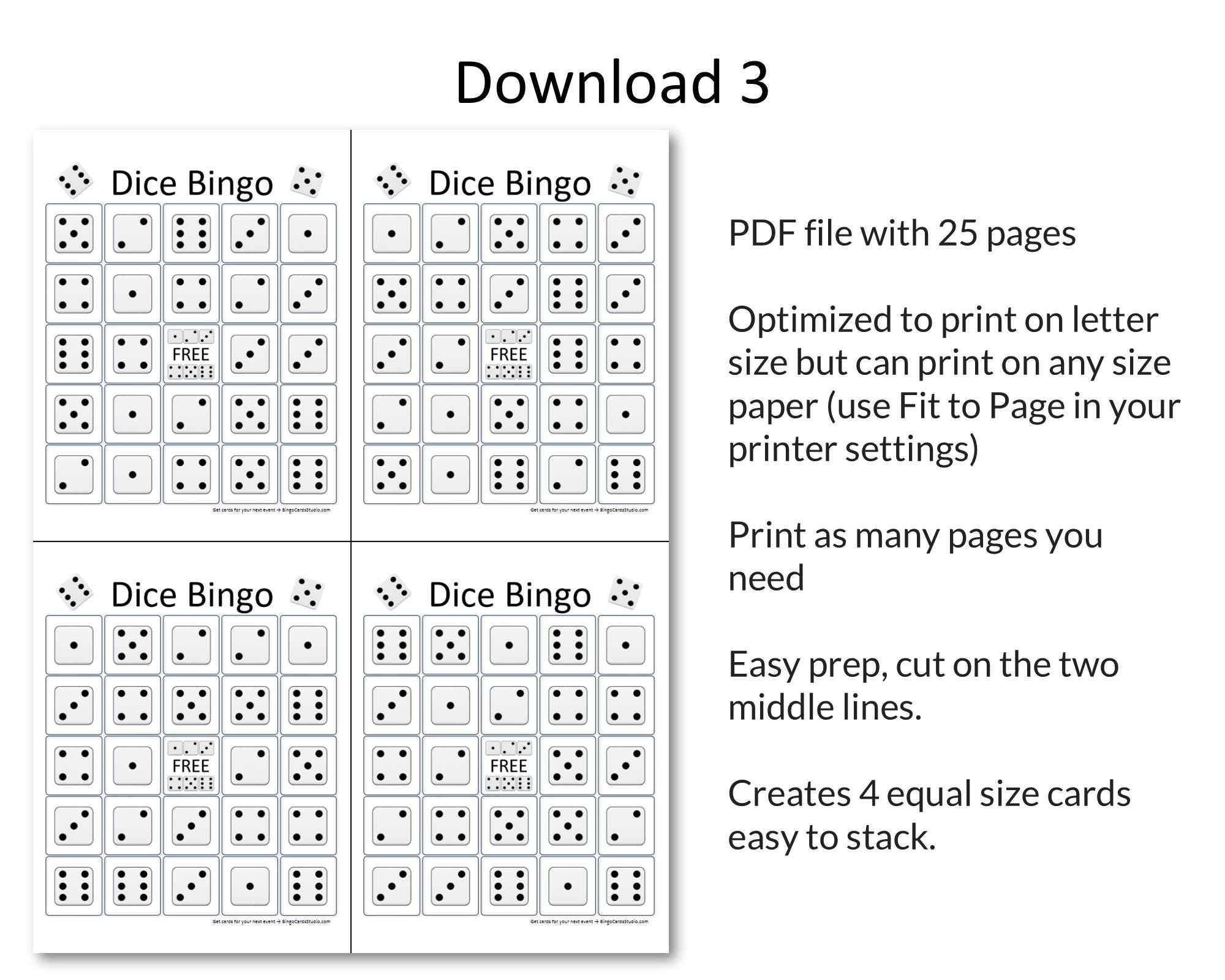 Printable Bingo Cards Dice Instant Download, 1, 2, 4, and 6 per Page ...