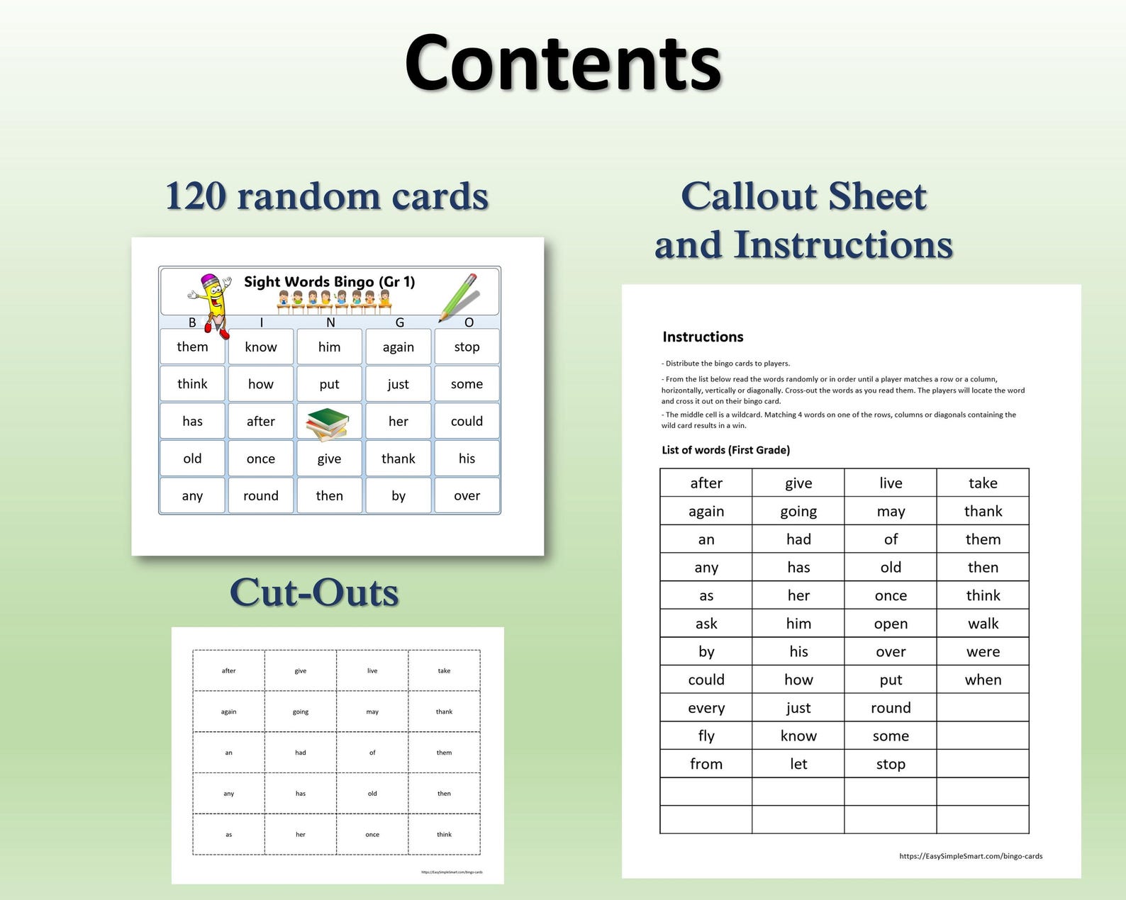 Dolch Sight Words Bingo Cards for Grade 1, Fun Classroom Game ...