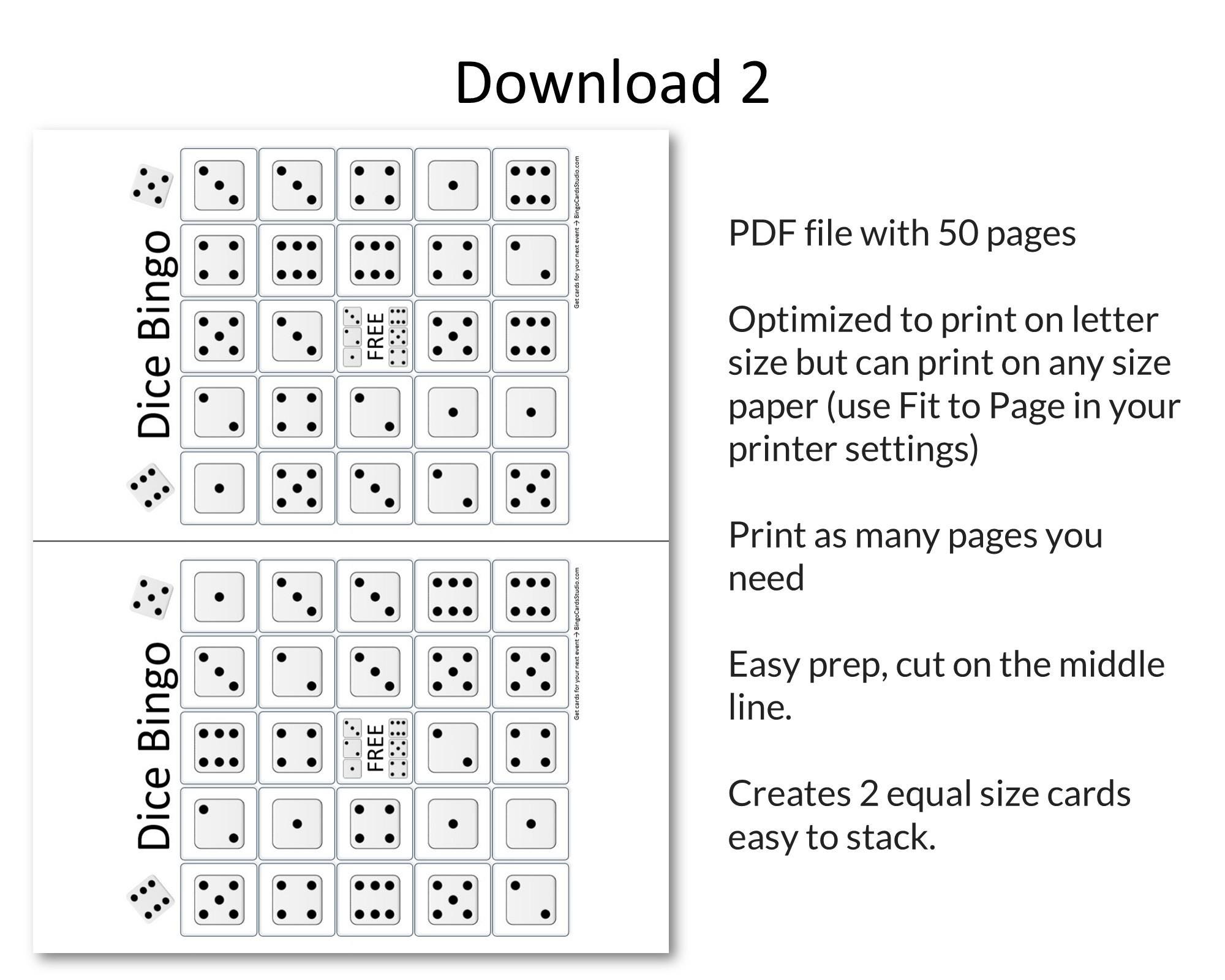 Printable Bingo Cards Dice Instant Download, 1, 2, 4, and 6 per Page ...