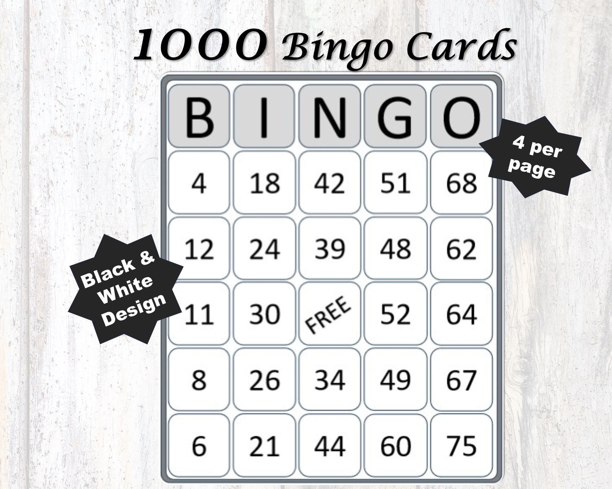 1000 Bingo Cards Basic Design Black and White Bingo Cards, Bingo ...