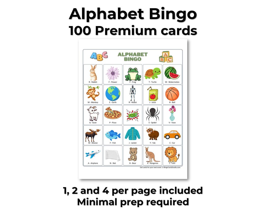 Alphabet Pictures Bingo Cards - Alphabet Pictures Party Game - Fun ...