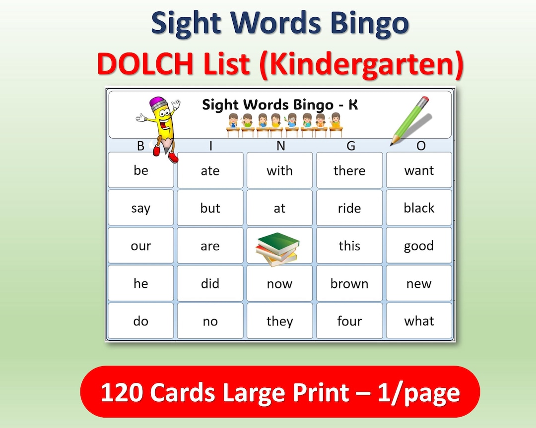 120 Dolch Sight Words Bingo Cards for Kindergarten, Fun ESL Activity ...