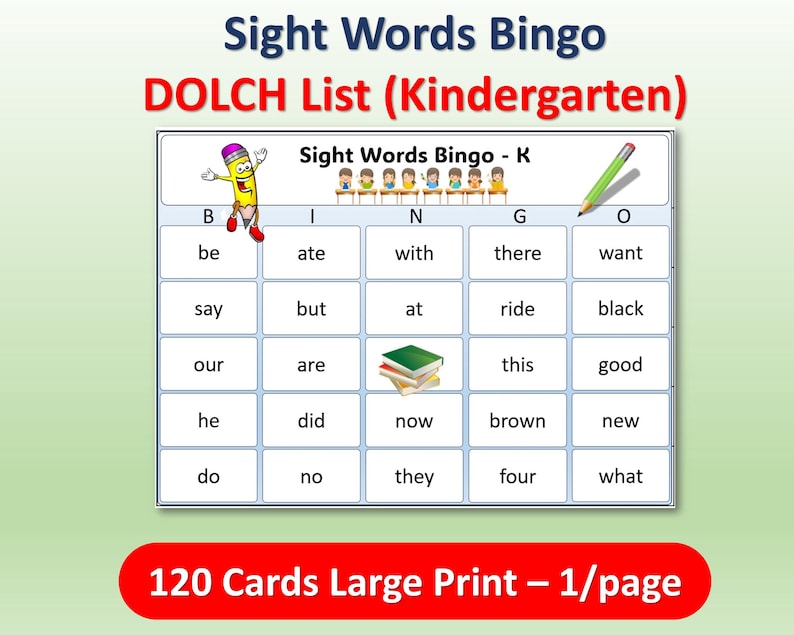 120 Dolch Sight Words Bingo Cards for Kindergarten, Fun ESL Activity ...