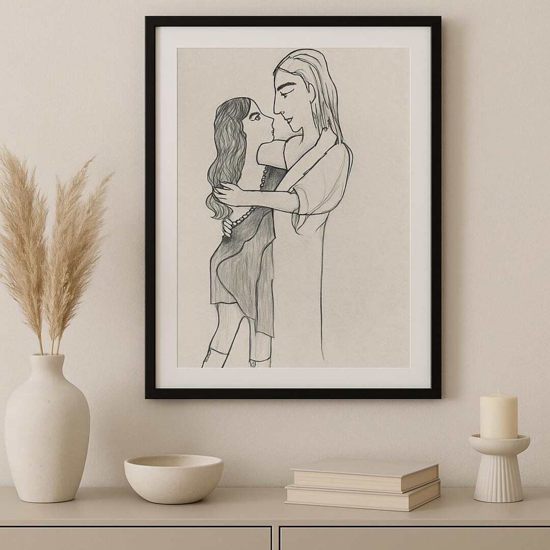 Romantic Pencil Drawing – Embrace Sketch – Intimate Couple Wall Art ...