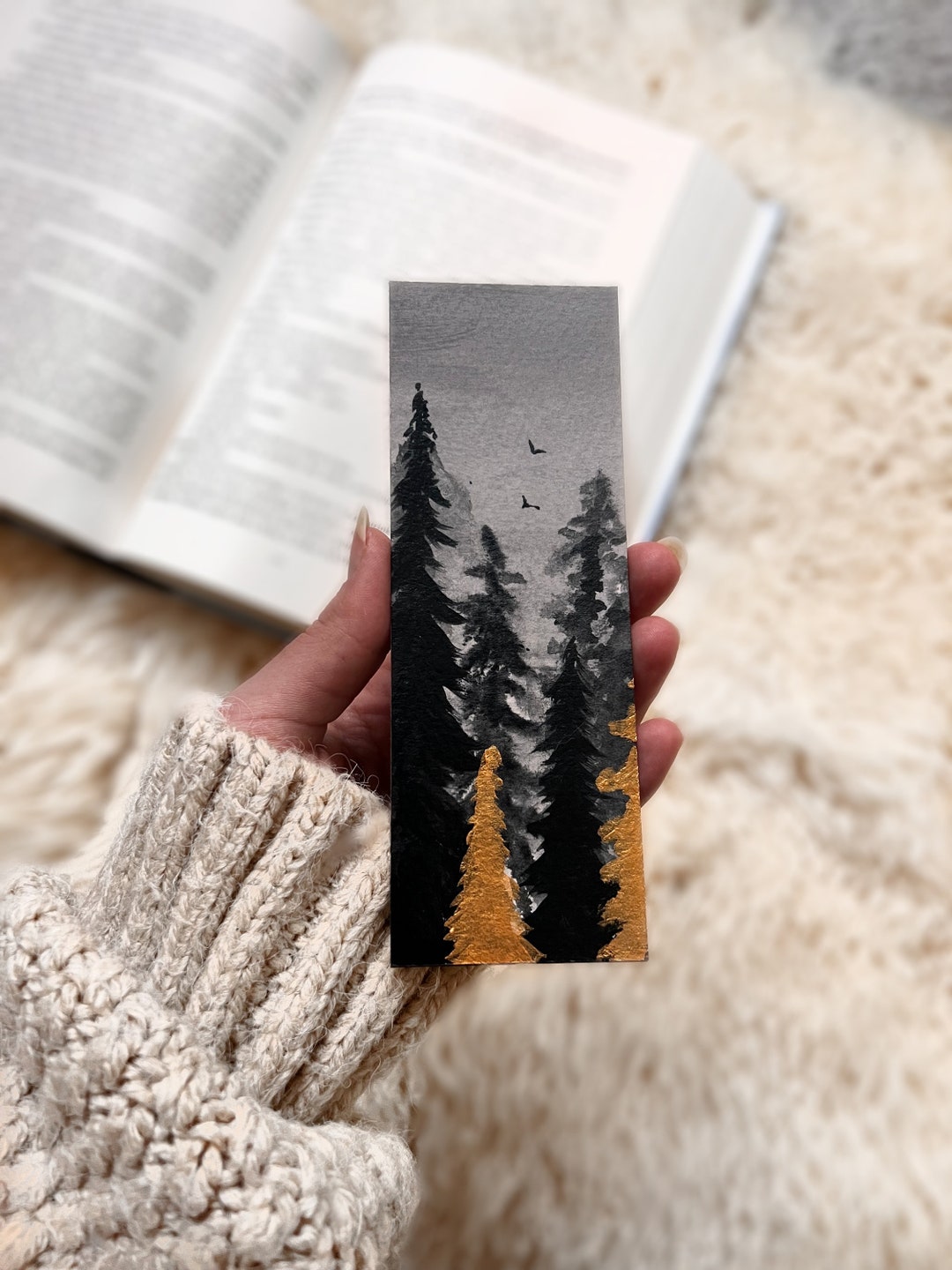 Hand Painted Forest Bookmark With Gold Detail - Etsy