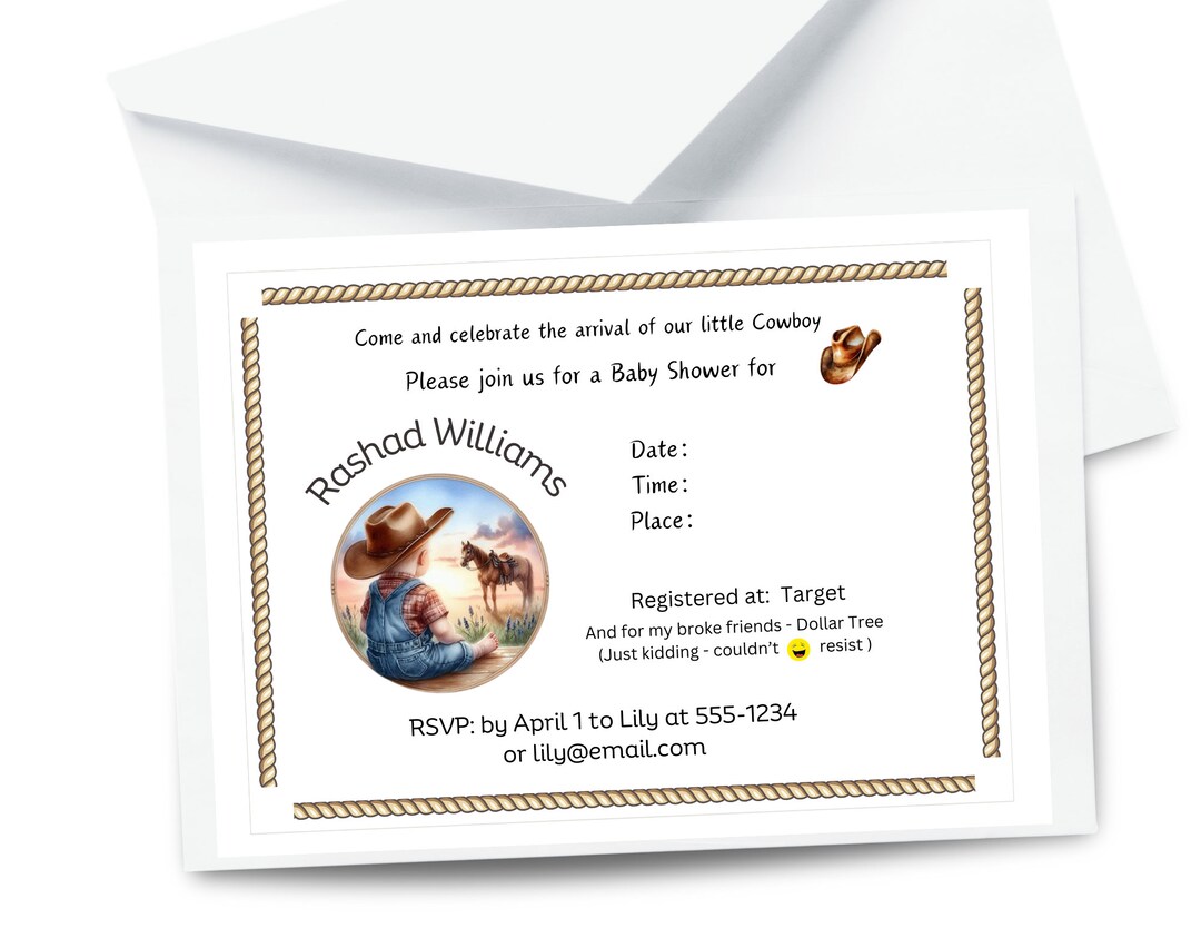 Printed Baby Shower Invitations, Personalized Cowboy Themed Baby Shower ...