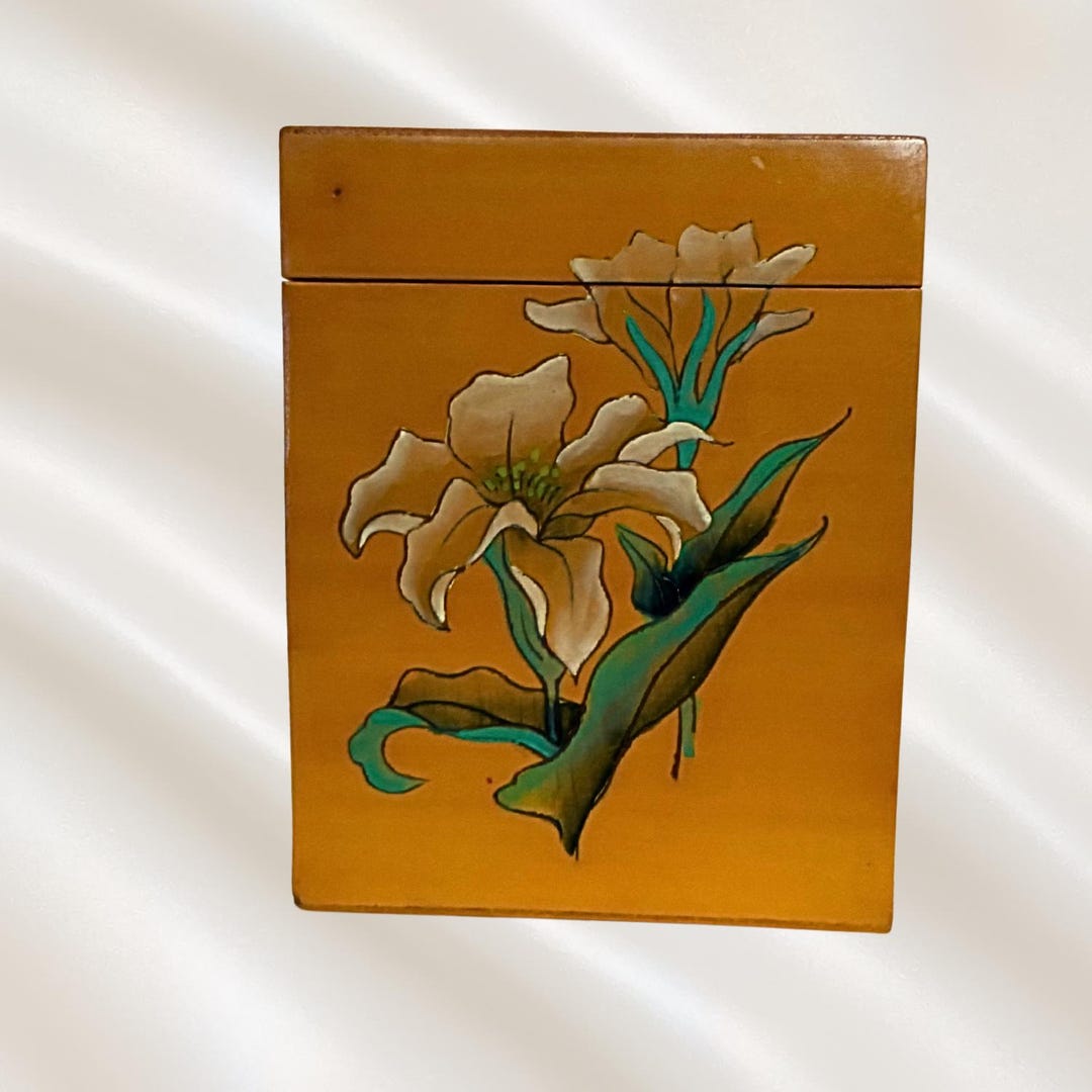Japanese Tomobako Style Storage Box Vintage Amber Lacquer Floral Hand ...