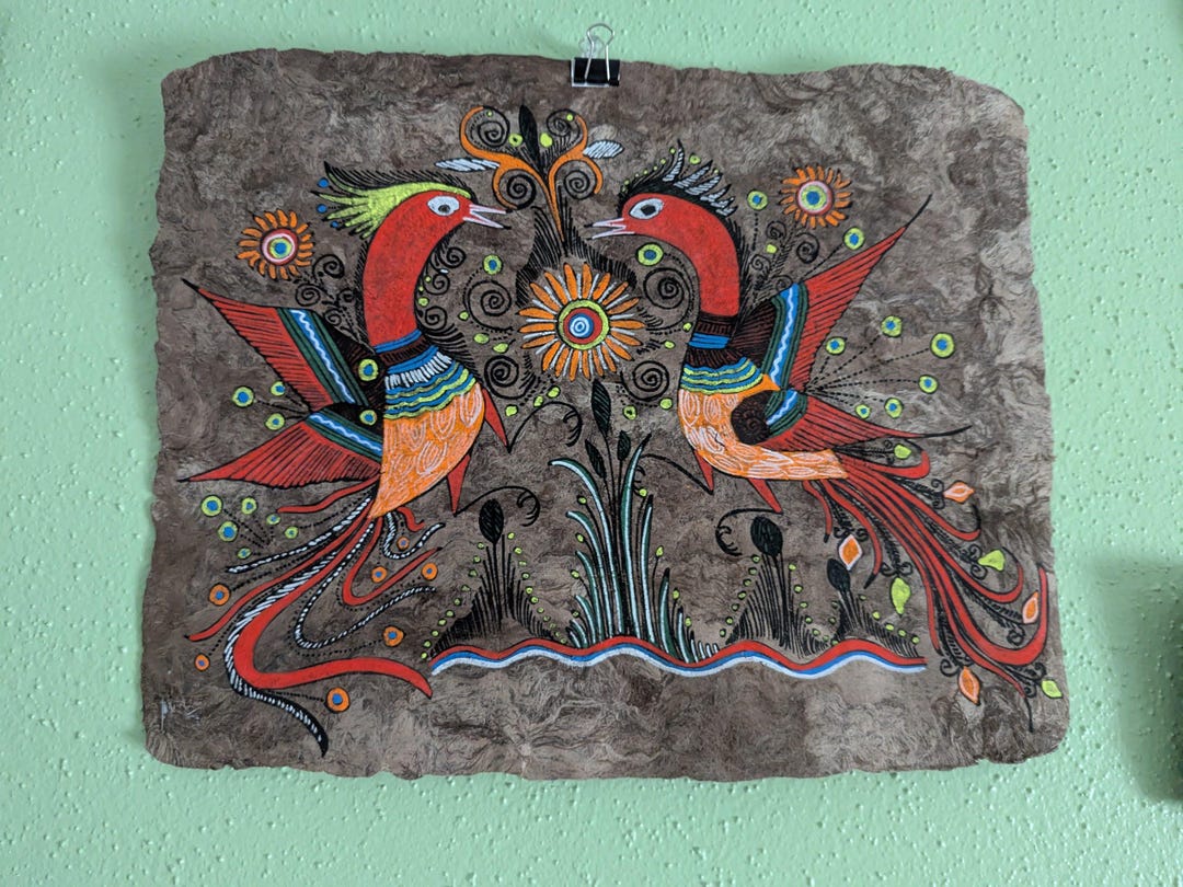 Vintage Amate Bark Mexican Painting, Vivid Colorful Native Folk Art ...