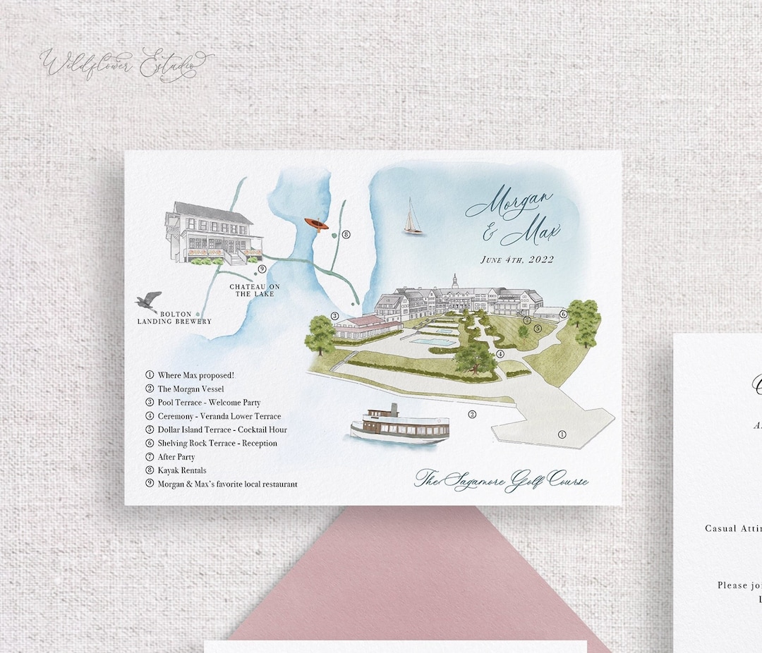 Custom Wedding Map Invitation, Watercolor Wedding Map Illustration ...