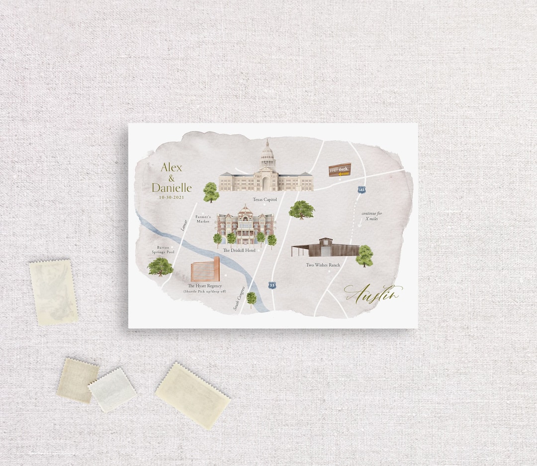 Custom Wedding Invitation Map With 2 Watercolor Venue Illustrations ...