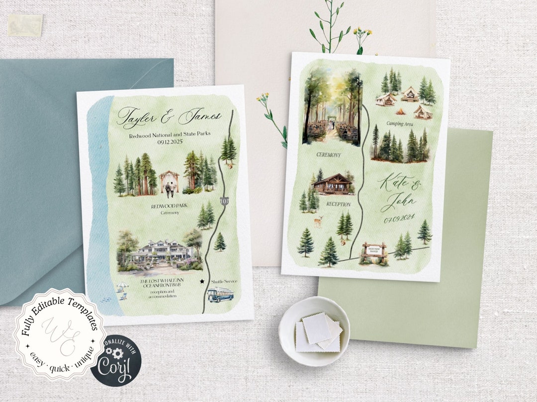 Mountain Wedding Map Invitation Template, Fully Editable Wedding Map ...