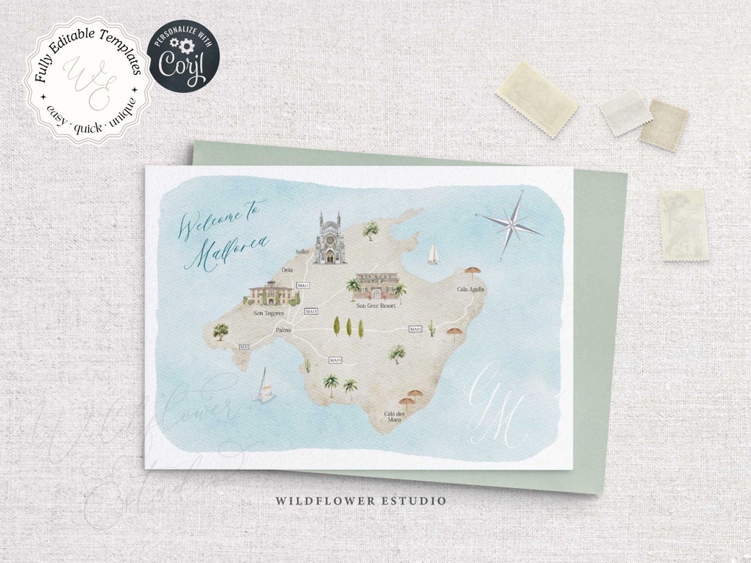 Mallorca Wedding Map Invitation Template, Fully Editable DIY Wedding ...