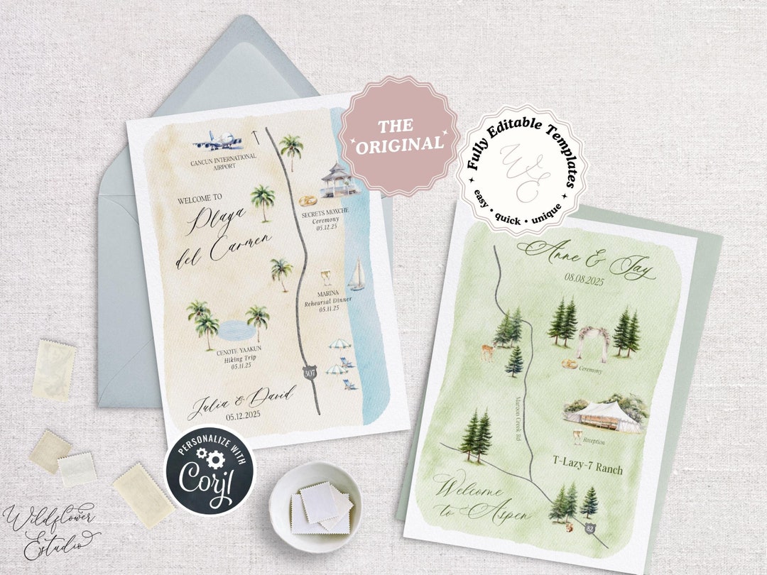 Wedding Map Invitation Template, Fully Editable DIY Wedding Map Creator ...