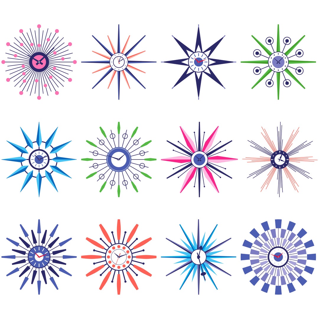 Atomic 1950s Wall Clocks - Mid Century Modern Clipart - Fully Editable ...