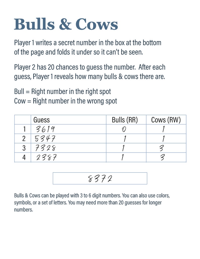 Bulls & Cows - Classic Number Guessing Game - Printable 2 Player Game - Pencil and Paper Games ...
