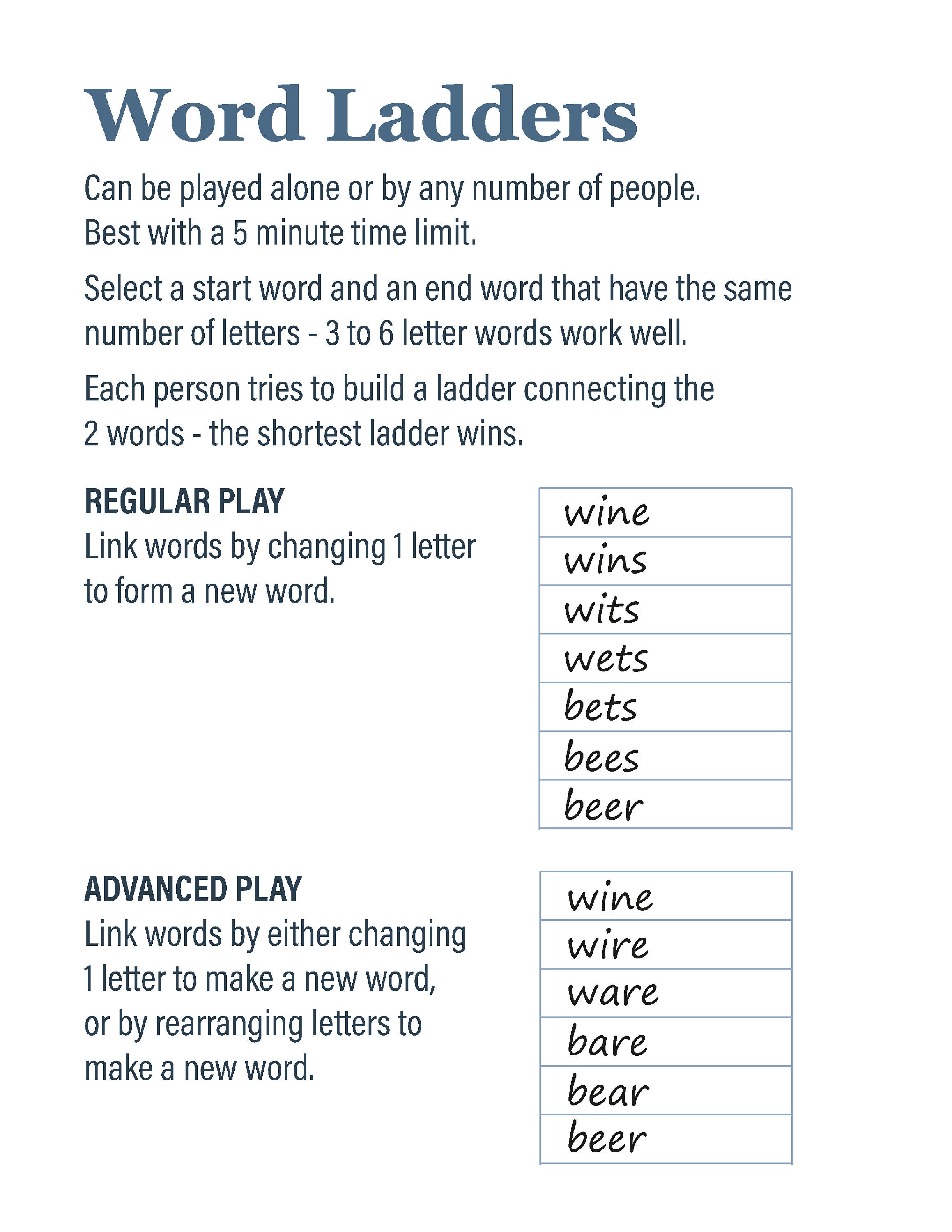 Word Ladders - Challenging Word Connect Game - Printable Word Game ...