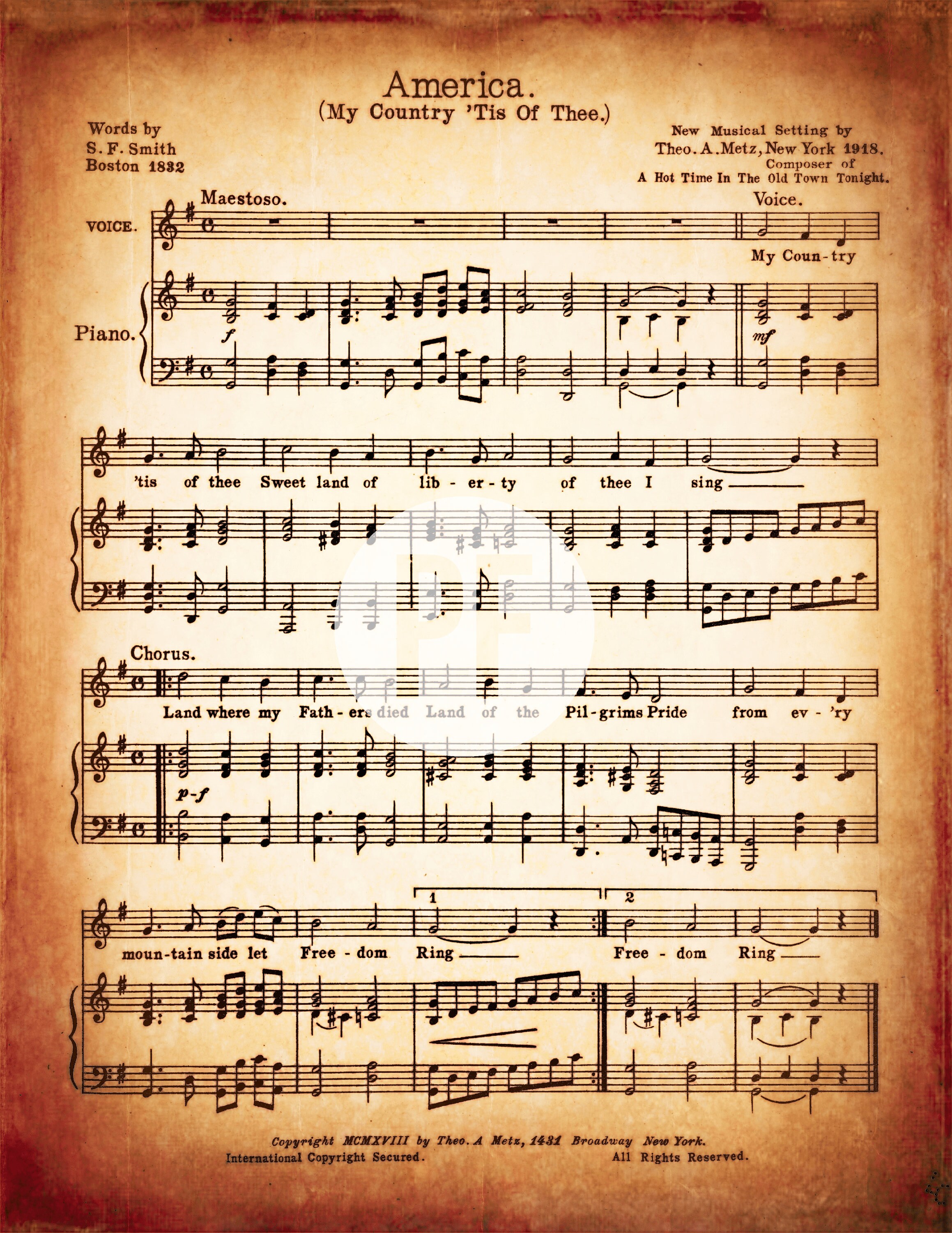 Patriotic Sheet Music Tea Stained Collection American Songs Digital ...