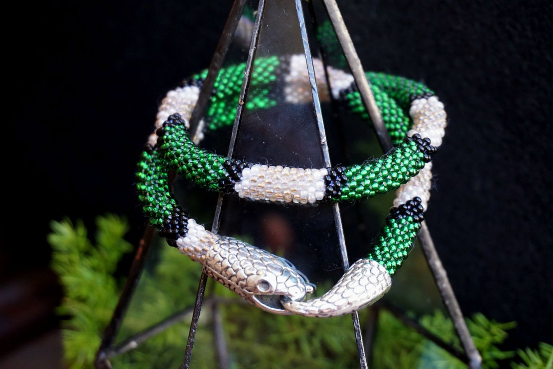 Green Czech Bead Snake Necklace: Ouroboros Choker, Elastic Bracelet - Etsy