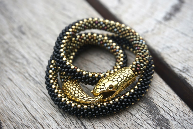 Snake Necklace Beaded Brown Gold Python / | Etsy