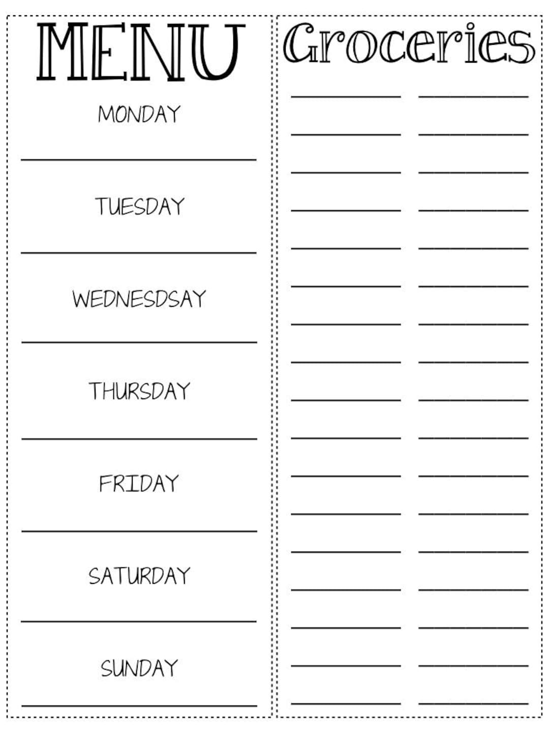 Menu Planning & Grocery List - Etsy