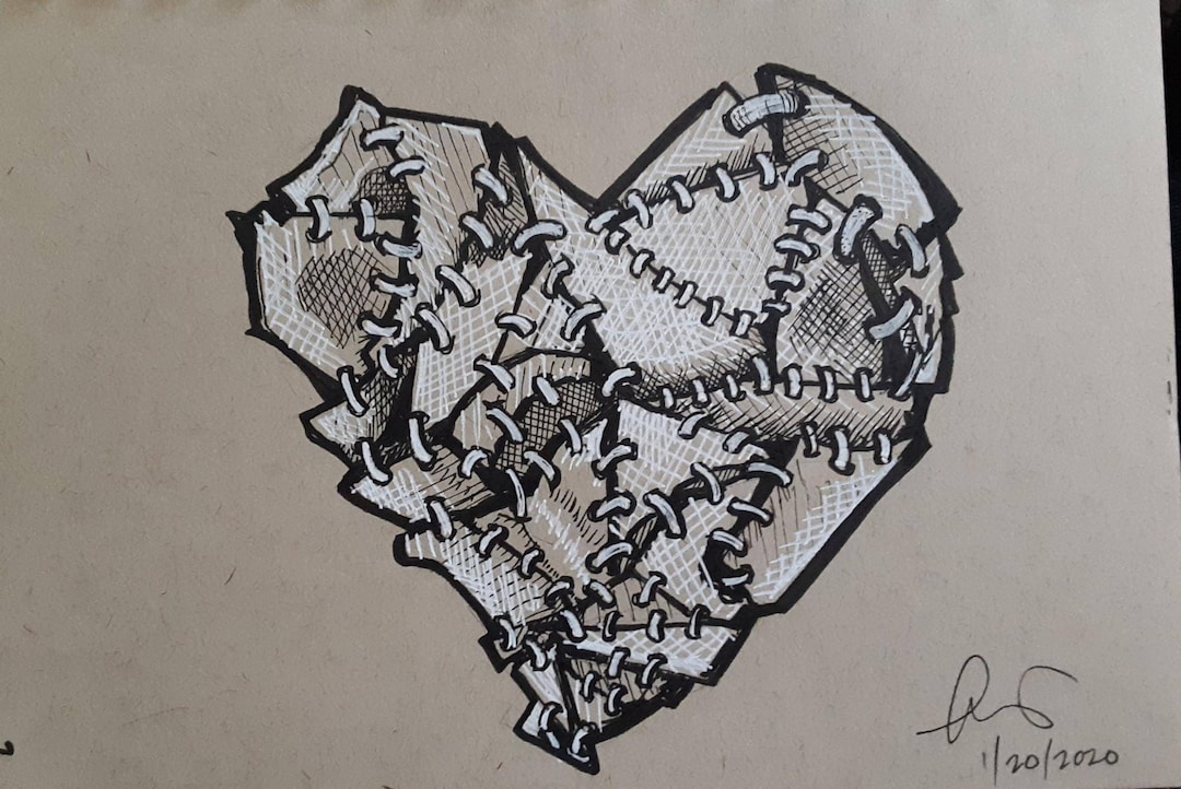 Stitched Heart Pen and Ink Drawing - Etsy