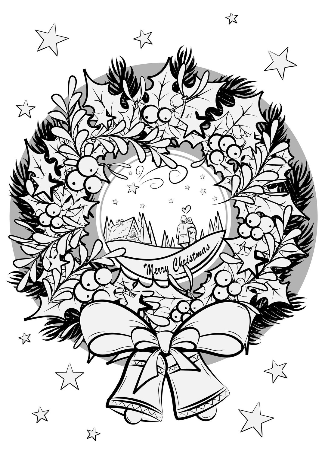 Christmas Wreath Coloring Page I Printable JPG PDF File I Instant ...
