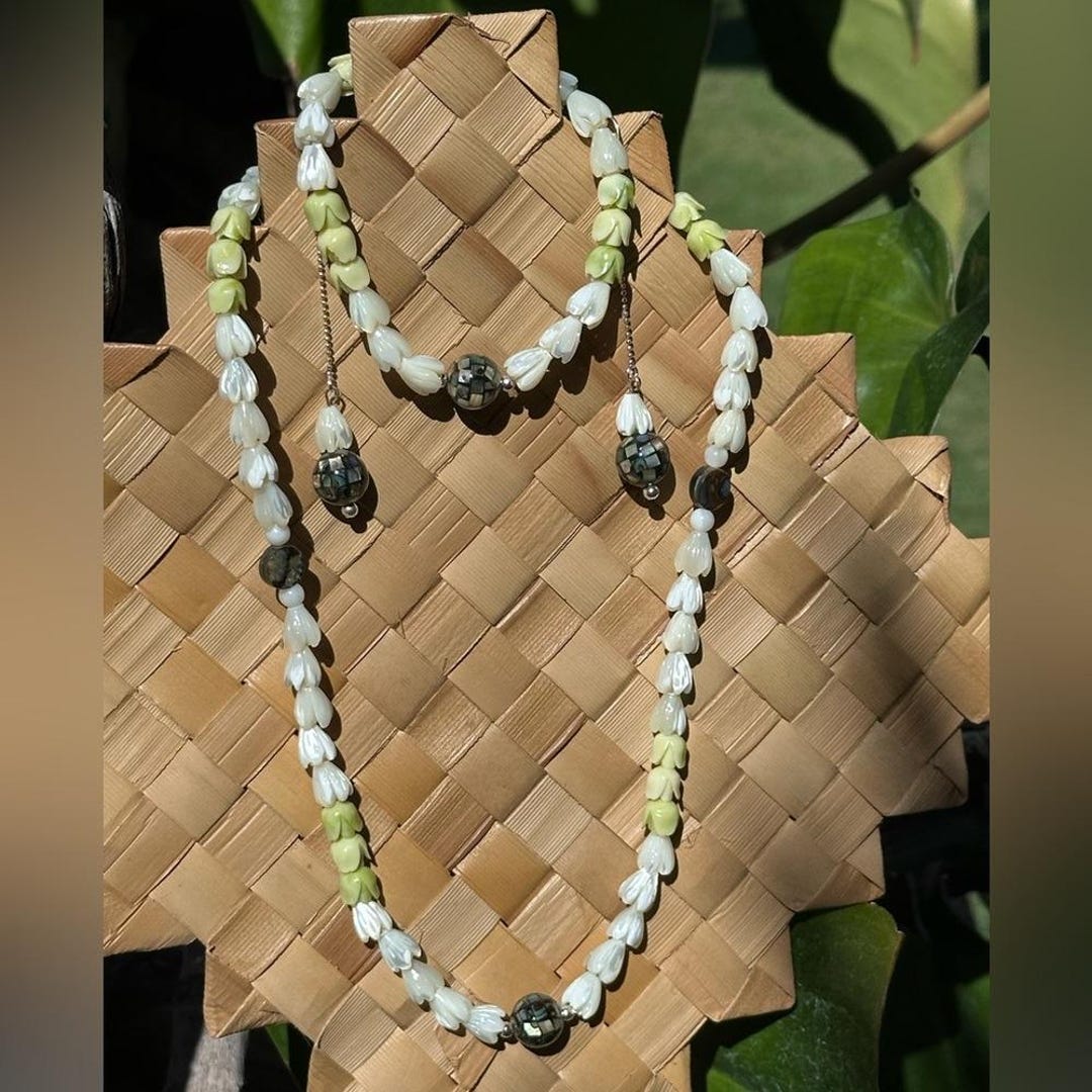 Pua Pakalana, Pīkake, & Paua Flower Jewelry Set W/ .925 Sterling Silver ...