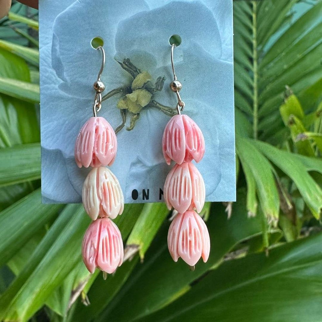 Handmade Pink Carved Shell Triple Pikake Flower Drop 2.25" Earrings ...